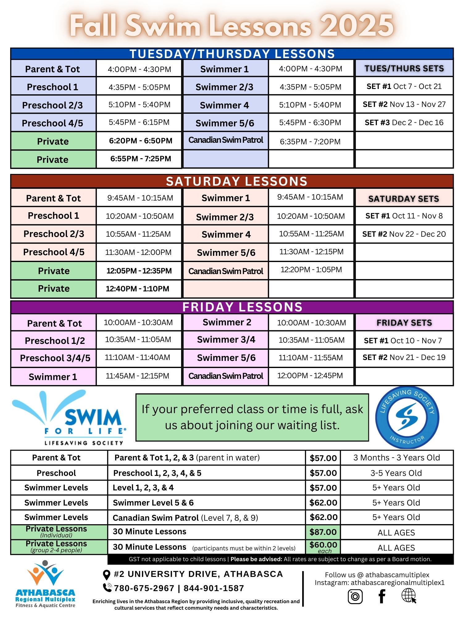 Fall Swim Lessons - Athabasca Regional Multiplex